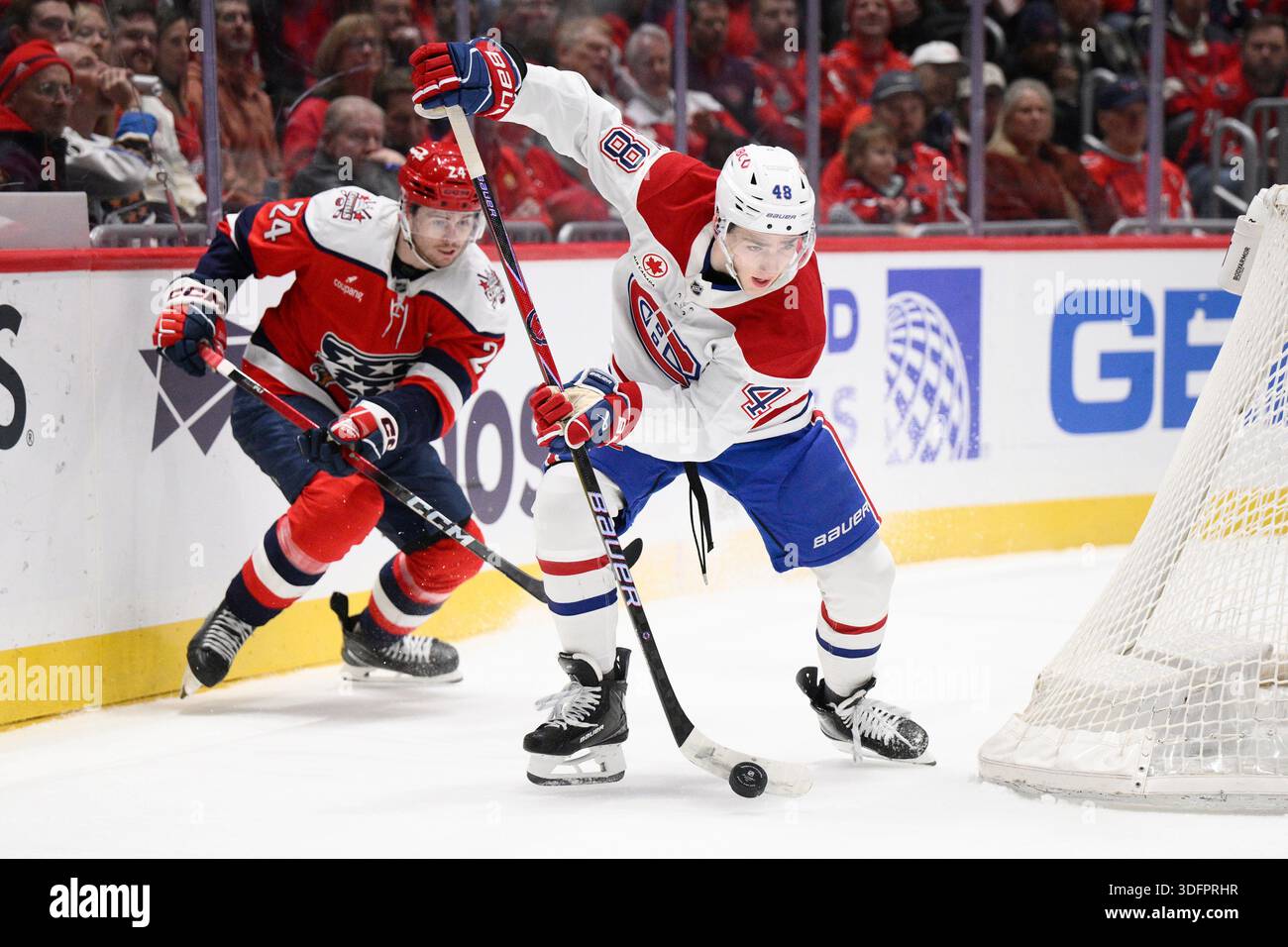 Montréal Canadiens defenseman Lane Hutson (48) skates with the puck ...