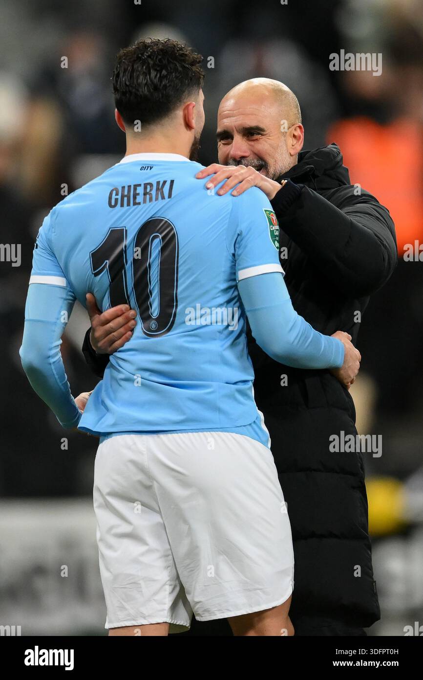 Pep Guardiola Manager of Manchester City is happy for Rayan Cherki of ...