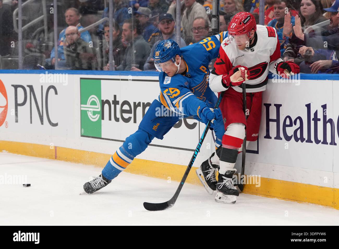 St. Louis Blues' Colton Parayko (55) keeps his eye on the puck while ...