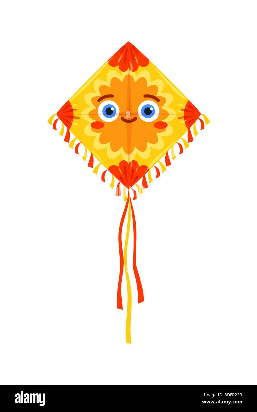 Festival paper diamond shaped kite with big blue eyes, red and yellow ...