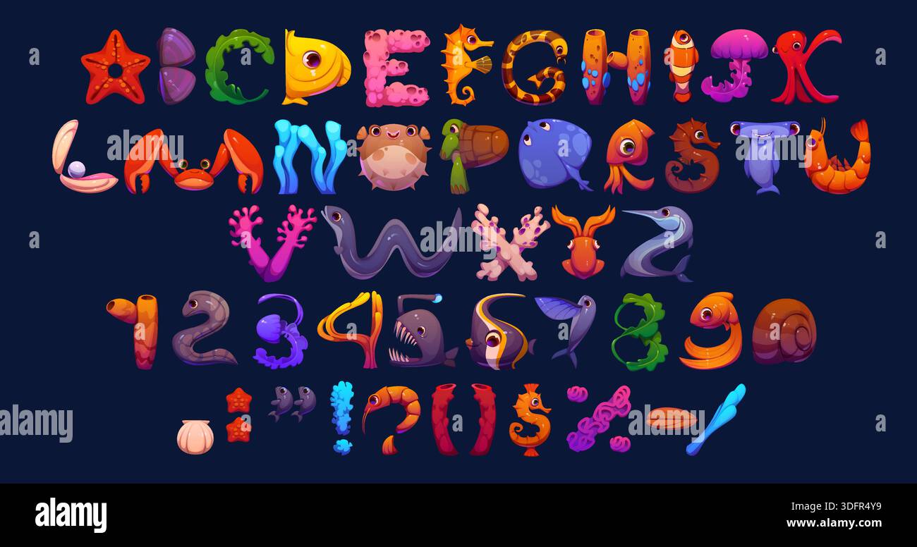 Cartoon underwater font, sea animal typeface, funny ocean characters ...