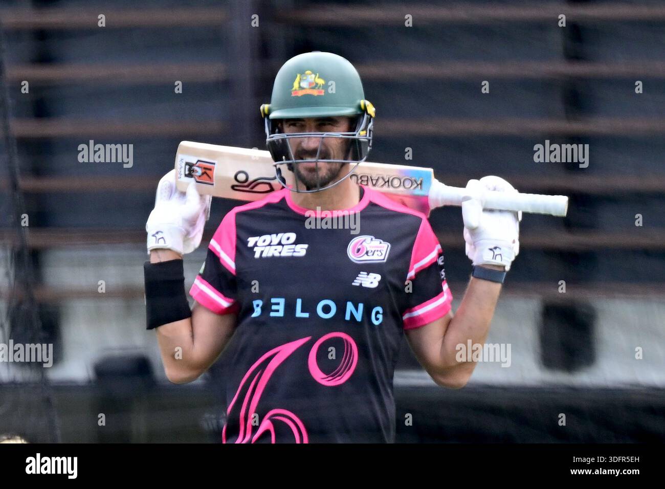 Mitchell Starc practivces with the bat during a nets session during ...