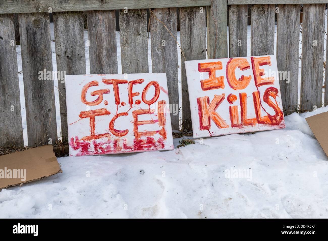 Minneapolis, Minnesota. Jan- 11-26. Anti-ICE signs at the memorial site ...