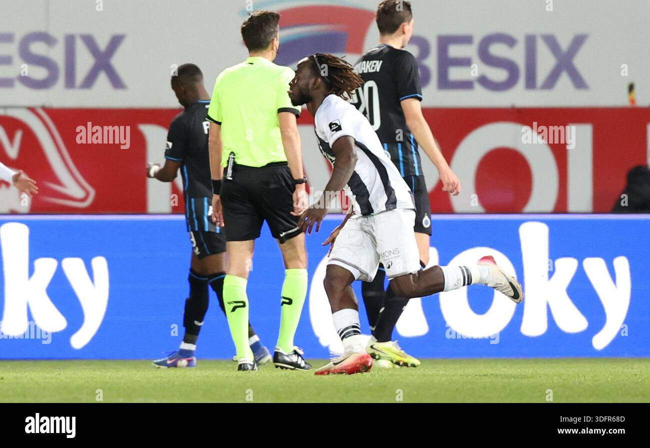 Charleroi's Parfait Guiagon celebrates after scoring during a soccer ...