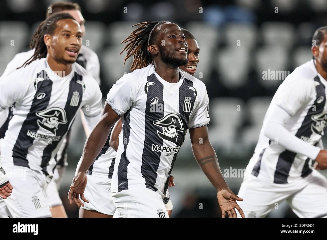 Charleroi's Parfait Guiagon celebrates after scoring during a soccer ...