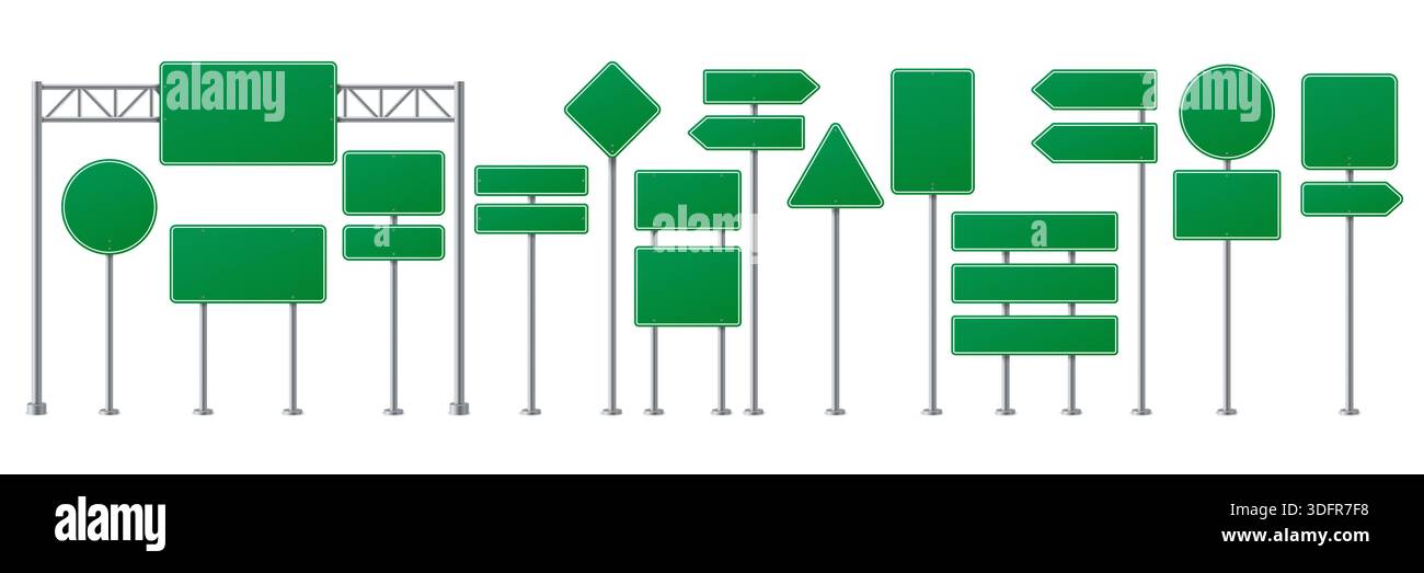 Street road traffic signs. Vector green highway signboards on metallic ...