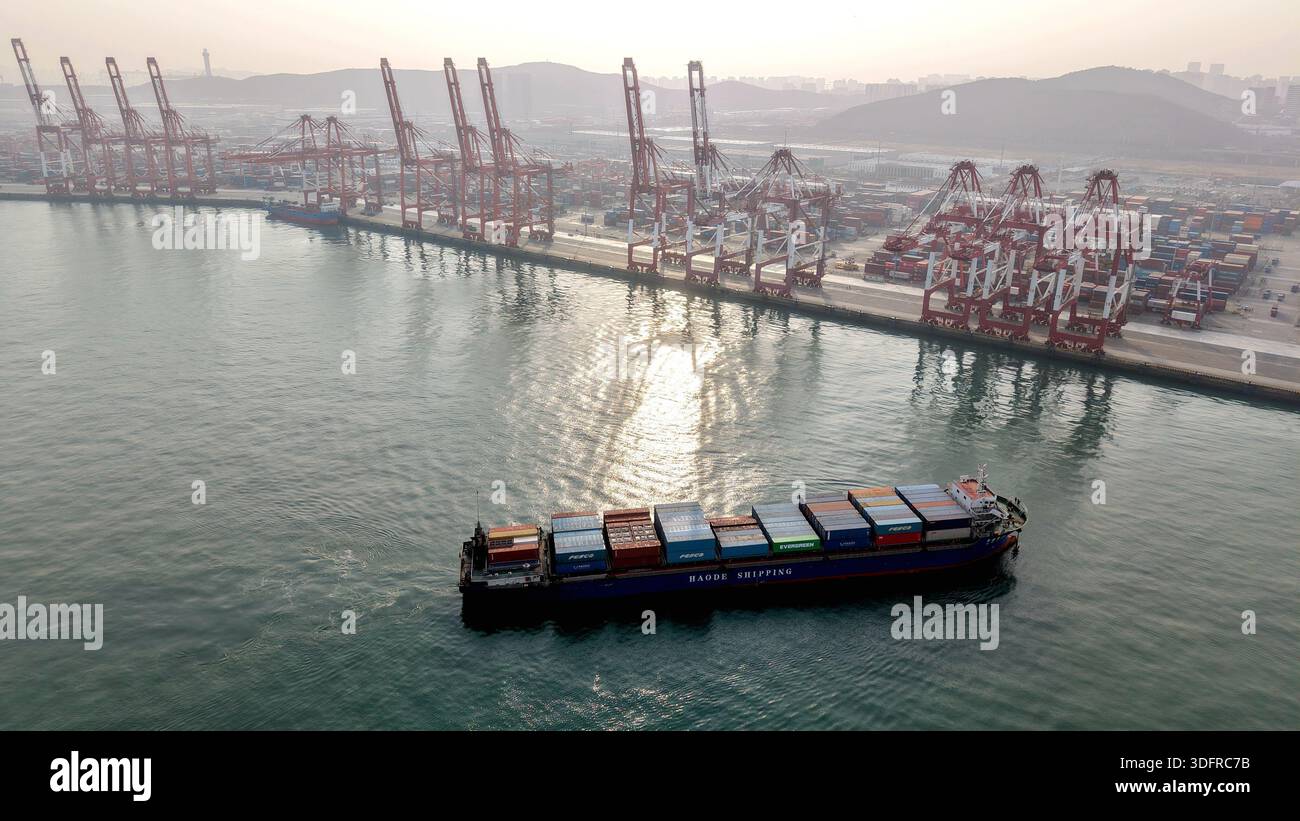 QINGDAO, CHINA - JANUARY 14, 2026 - A cargo ship transporting foreign ...