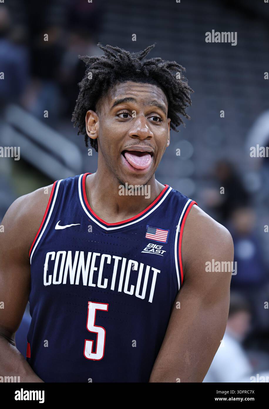 UConn Huskies center Tarris Reed Jr. (5) after the win at Prudential ...