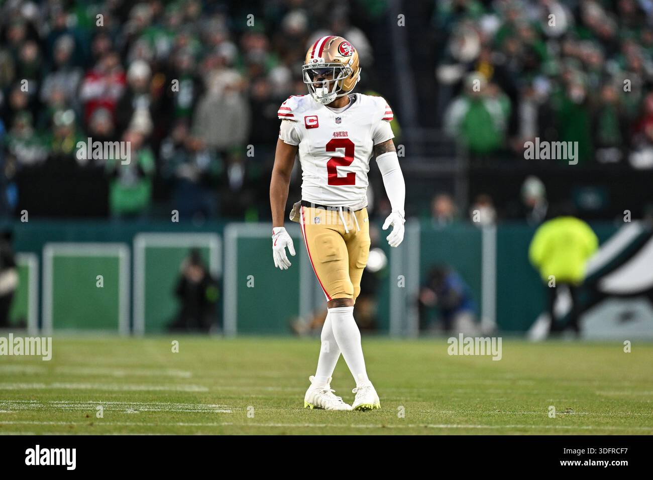San Francisco 49ers cornerback Deommodore Lenoir (2) looks on between ...