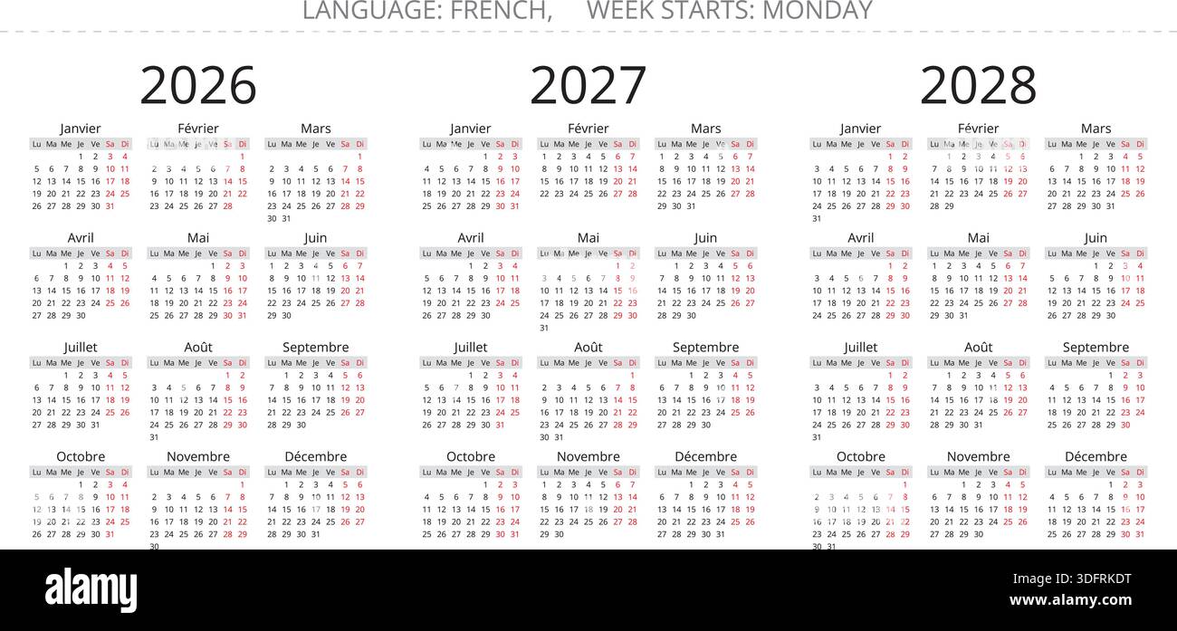 Vector french calendar templates for 2026 2027 and 2028 years france ...