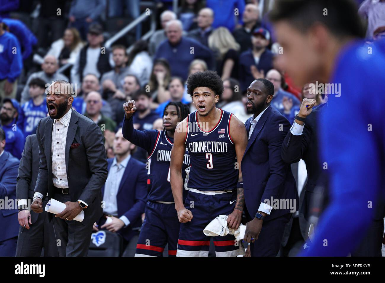 Newark, USA. 13th Jan, 2026. UConn Huskies forward Jaylin Stewart (3 ...