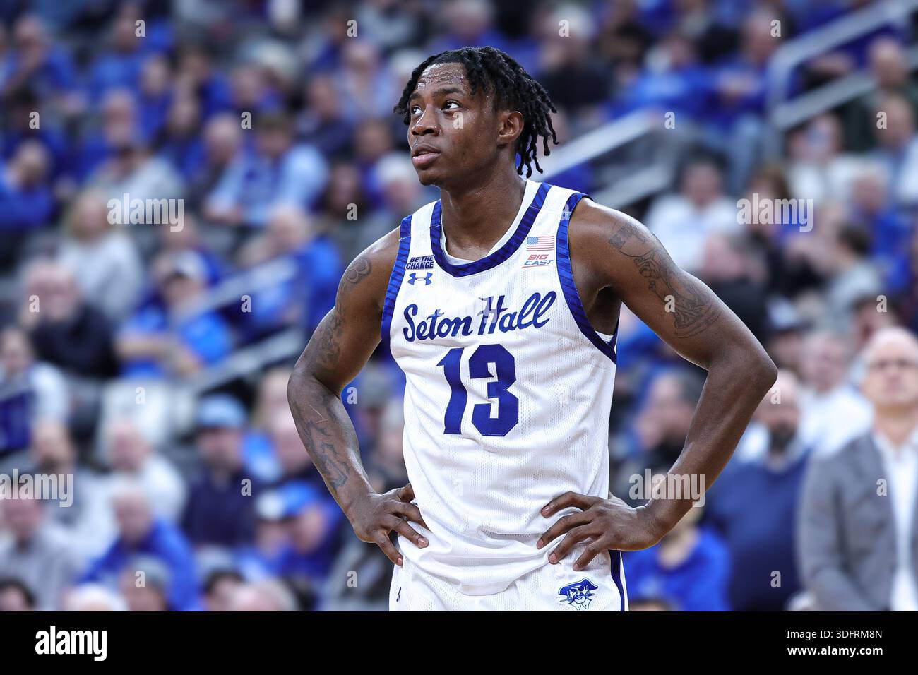 Newark, USA. 13th Jan, 2026. Seton Hall guard Trey Parker (13) in the ...