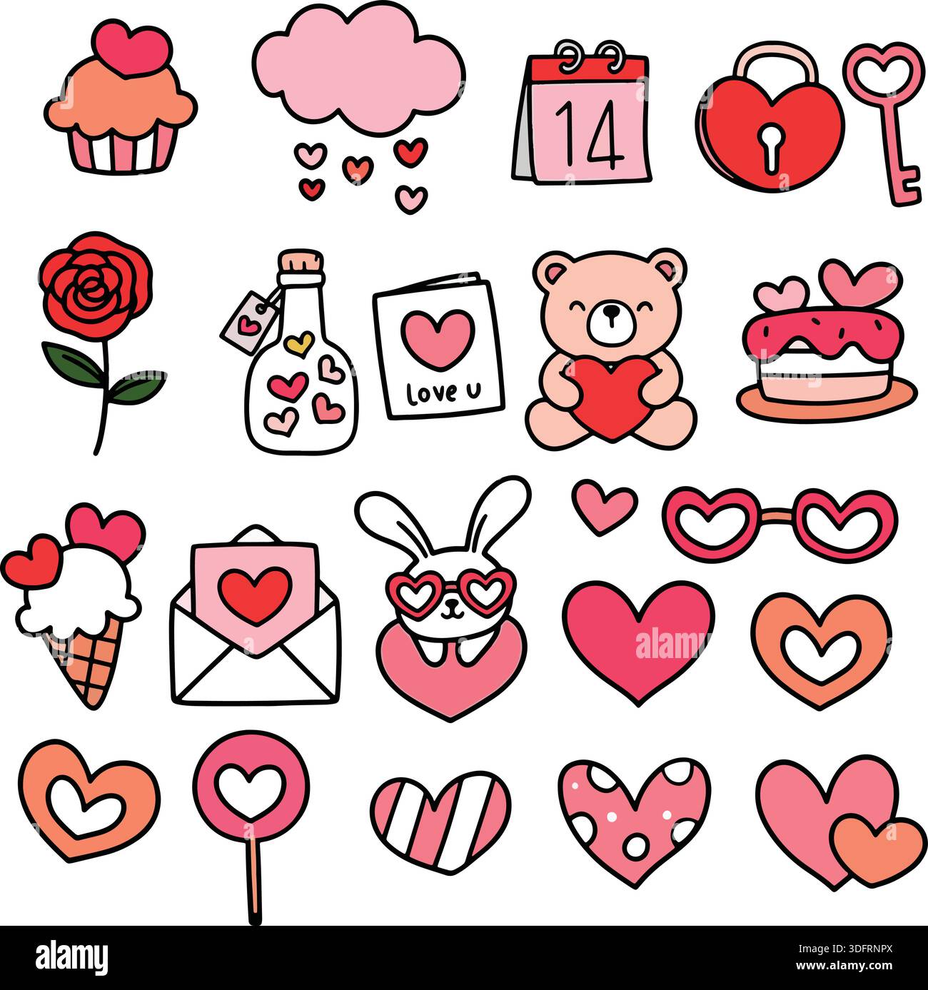 Cute Love Doodle Clipart Set, Valentine Hearts and Romantic Elements ...