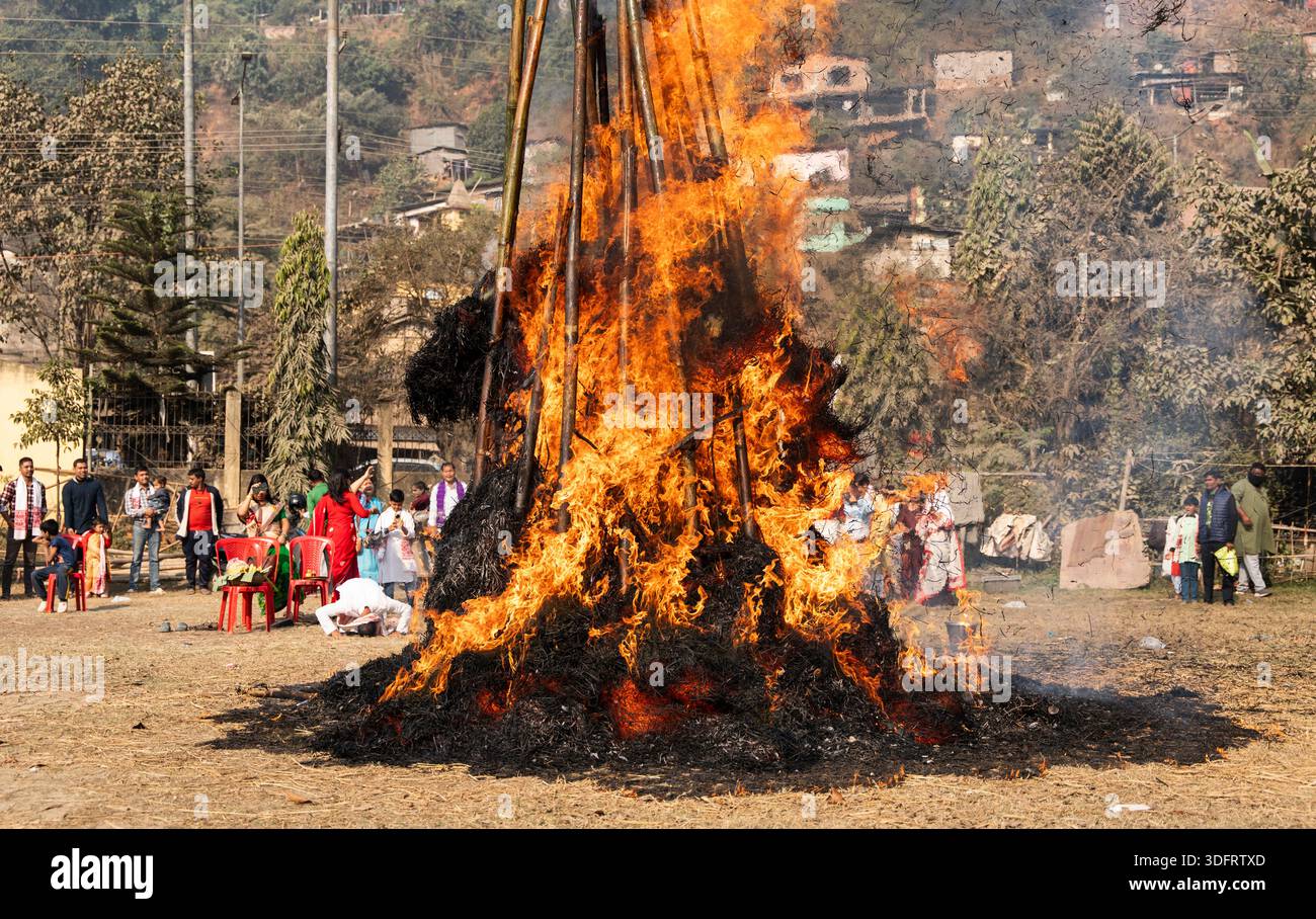 Assamese people light a traditional 'Meji' bonfire while celebrating ...