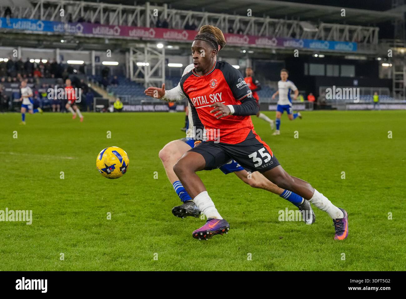 Luton, UK. 13th Jan, 2026. Ethon Archer (35) of Luton Town during the ...