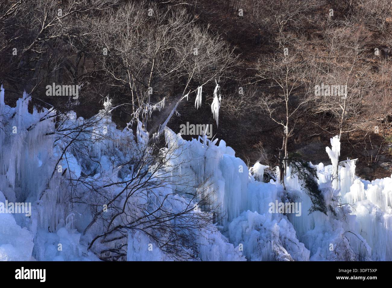 Tourists admire the spectacular ice waterfall scenery of Longtan Grand ...