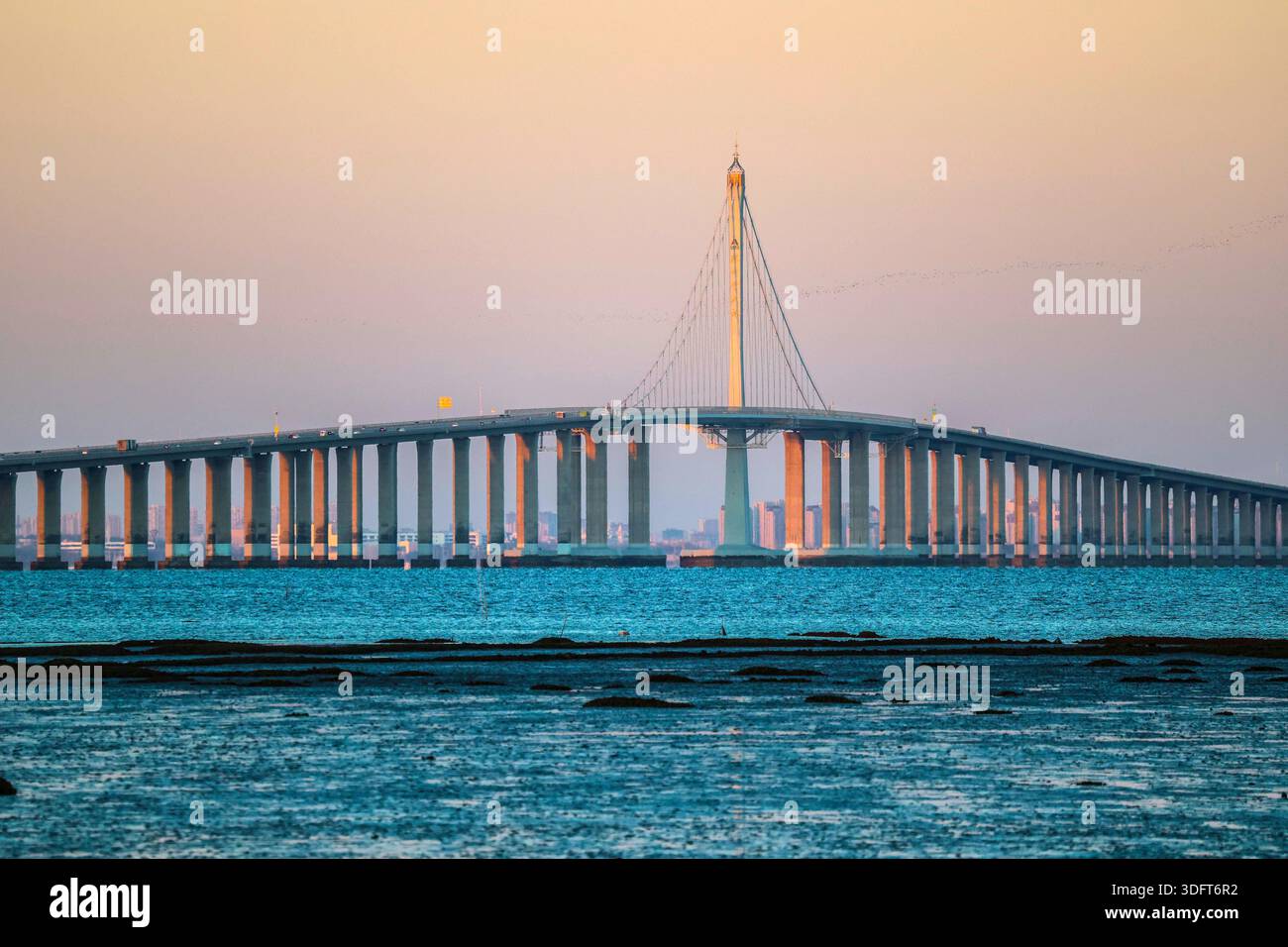 Golden light pierces through Jiaozhou Bay Bridge in West Coast New Area ...