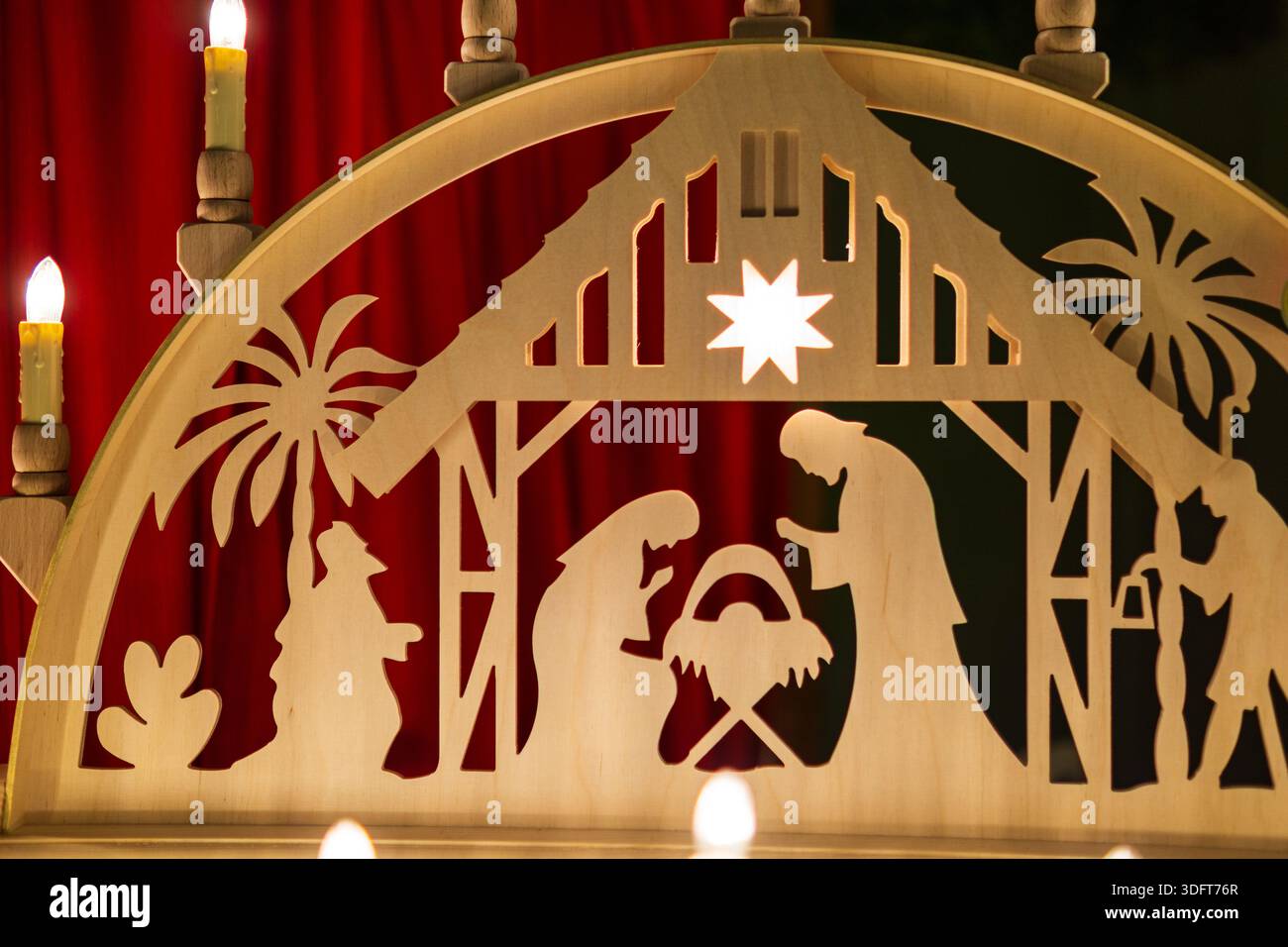 Wooden Christmas nativity scene depicting the holy family with baby ...