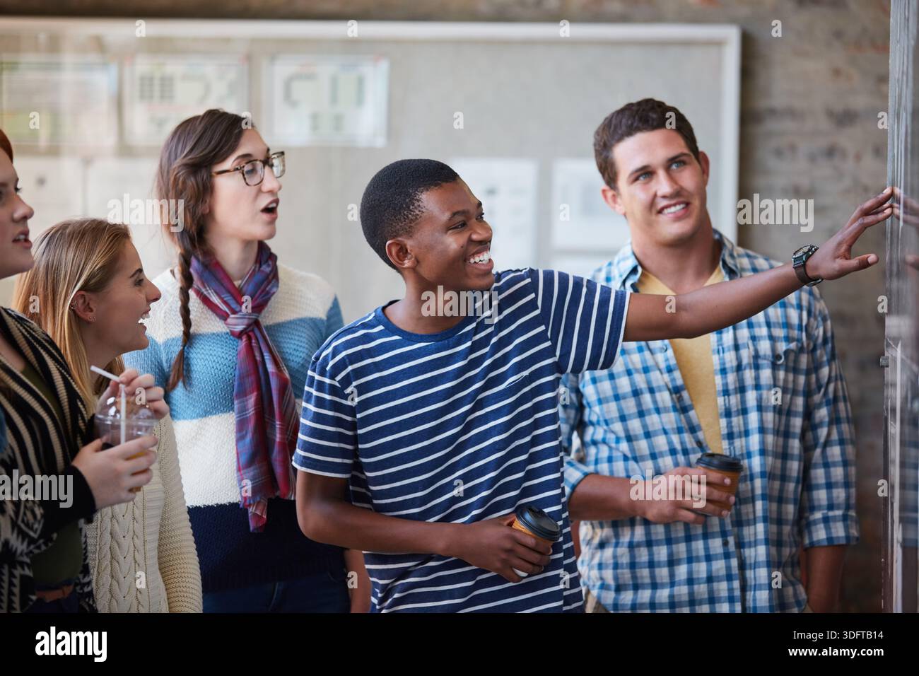University, smile and students on campus with notice board, exam ...