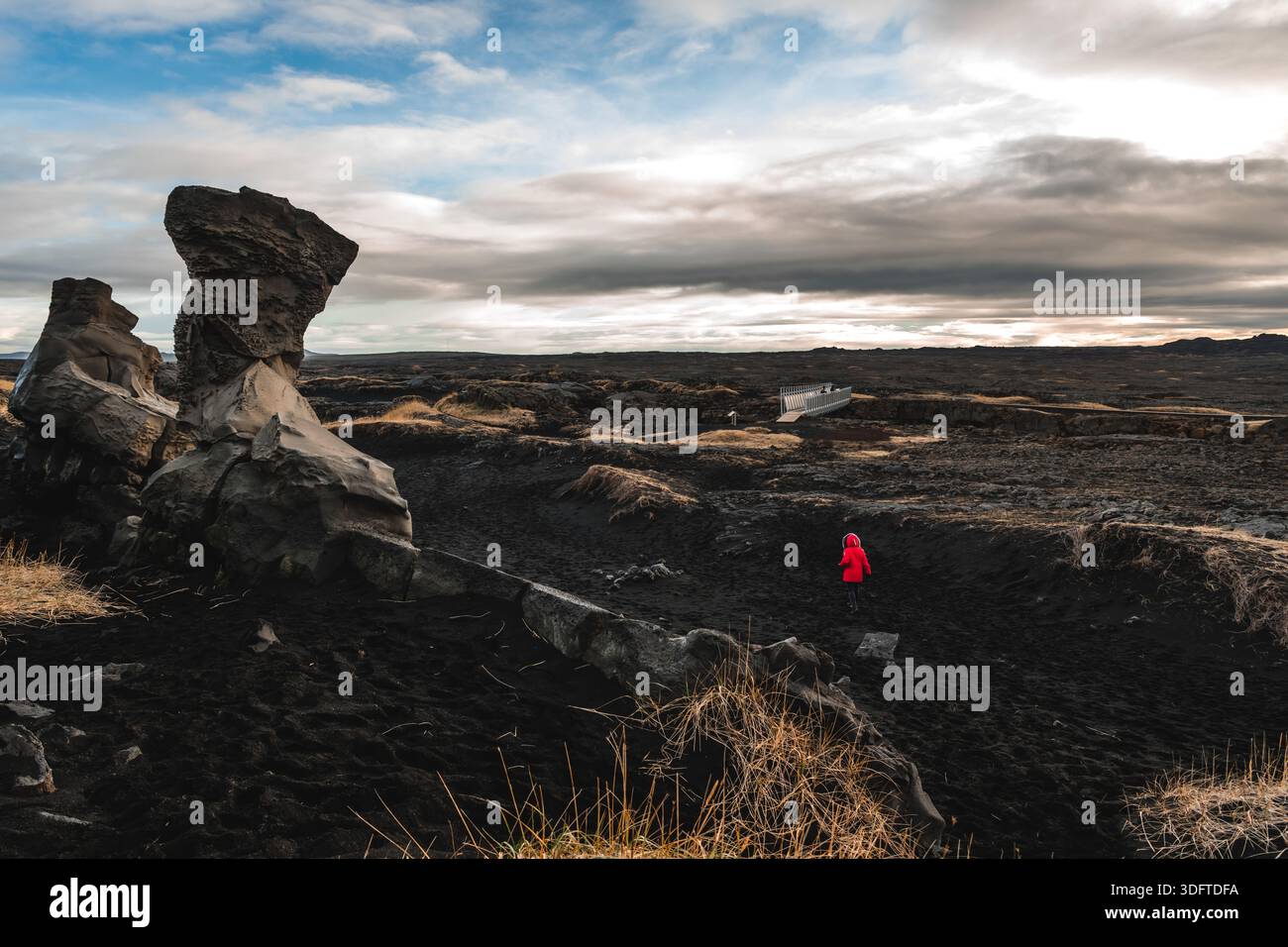 View of stark black lava fields meet a brooding sky, while a lone ...