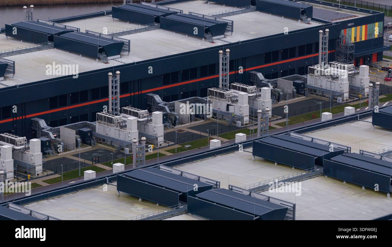 Aerial view of the vast, geometric Agriport data center complex, a ...