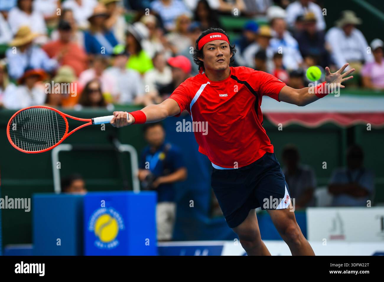 Zhizen Zhang (CHN) is seen in action during the tennis match with Nick ...