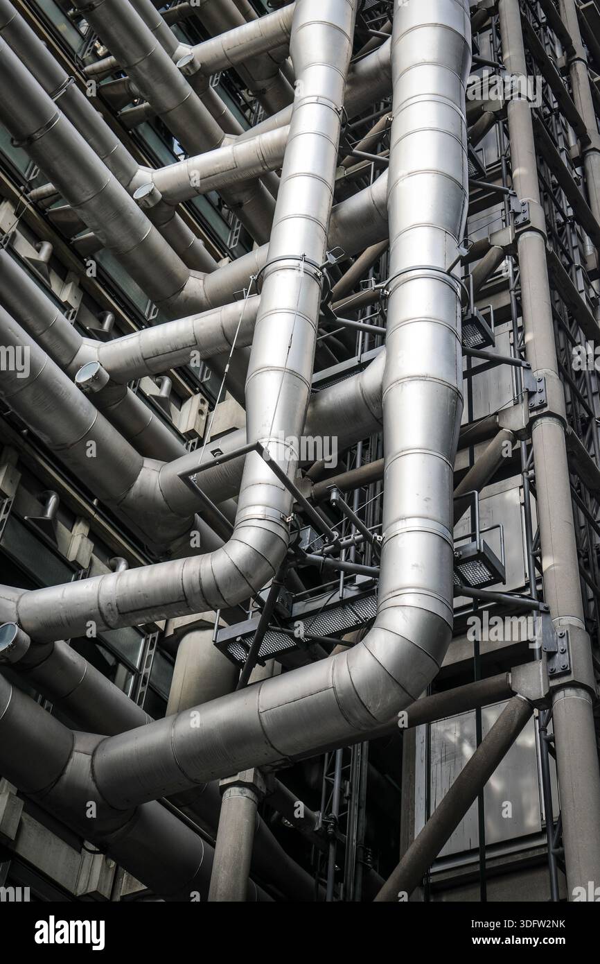 A detailed industrial pipeline structure showing a complex metal ...