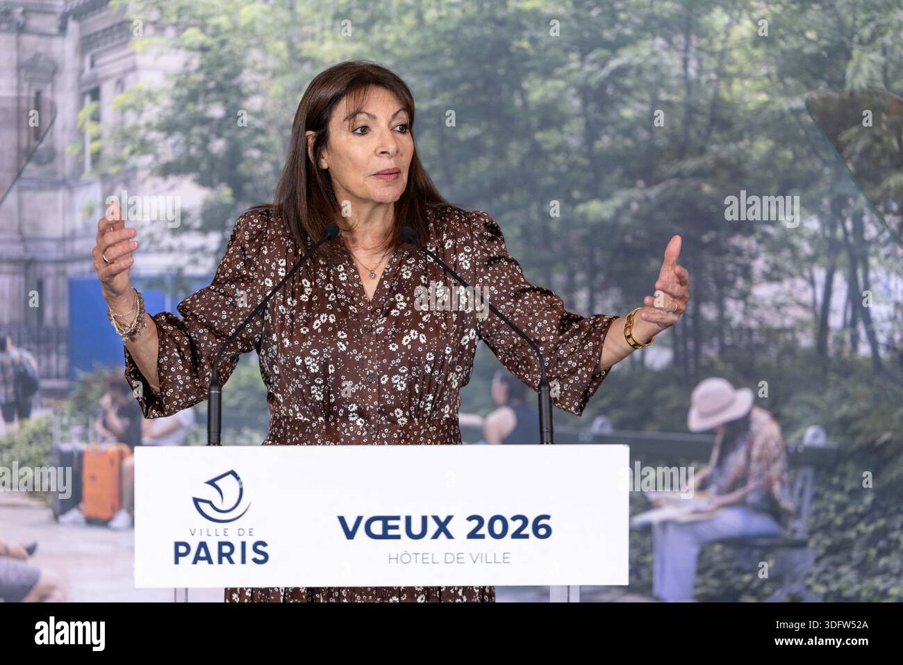 Paris' Mayor Anne Hidalgo gestures as she delivers a speech for the ...
