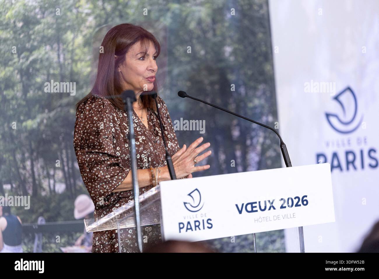Paris' Mayor Anne Hidalgo gestures as she delivers a speech for the ...