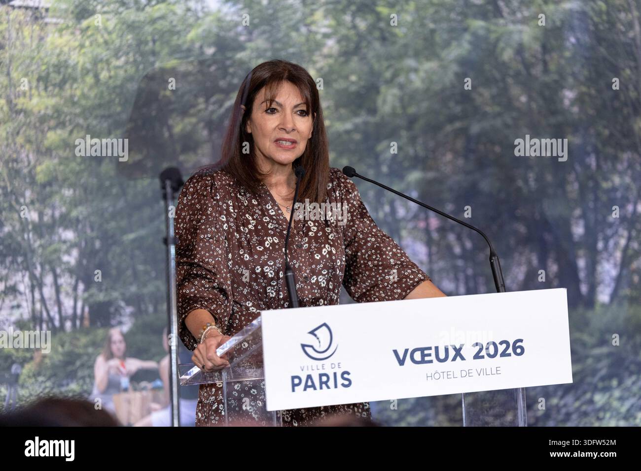 Paris' Mayor Anne Hidalgo gestures as she delivers a speech for the ...
