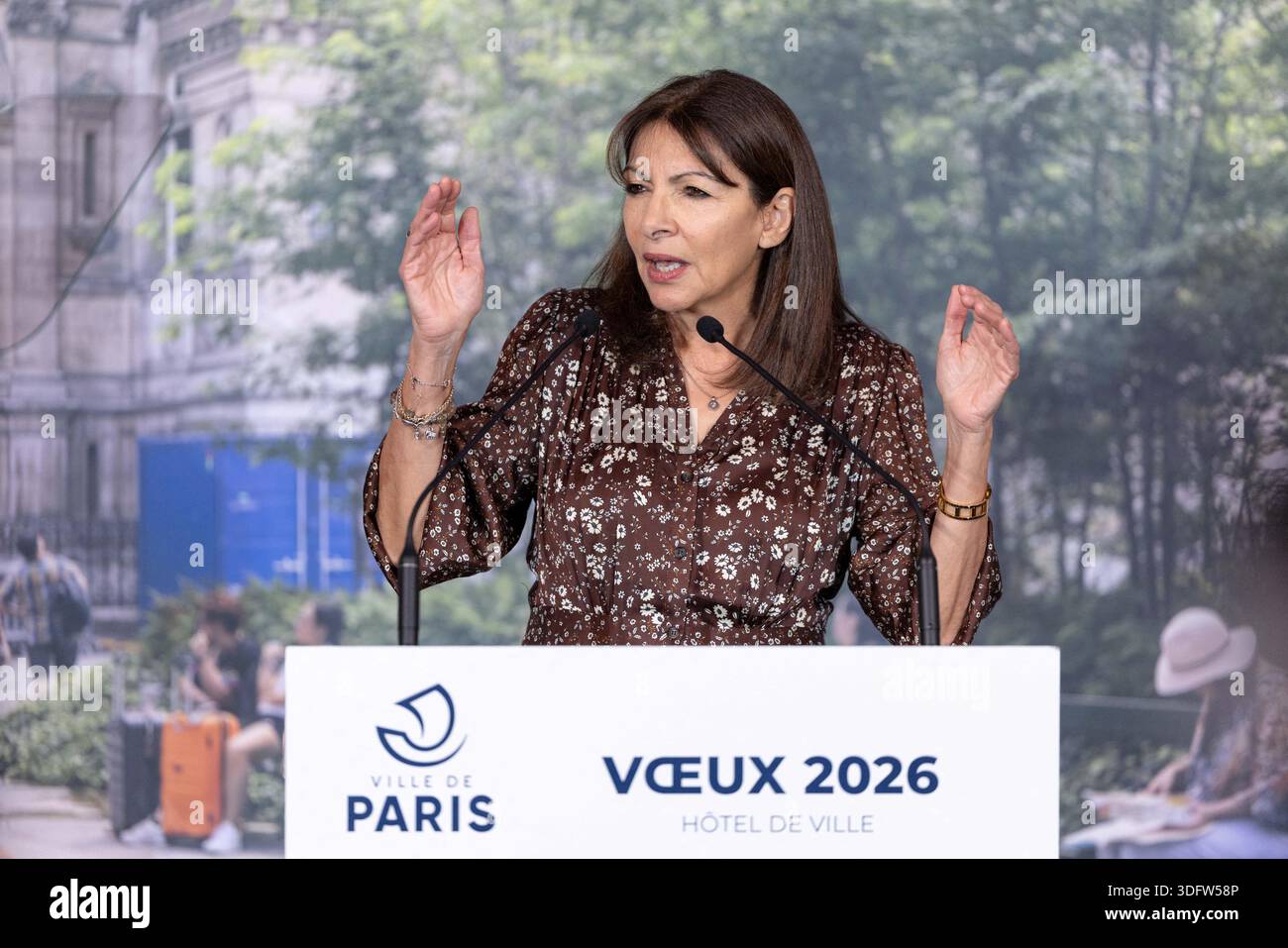 Paris' Mayor Anne Hidalgo gestures as she delivers a speech for the ...