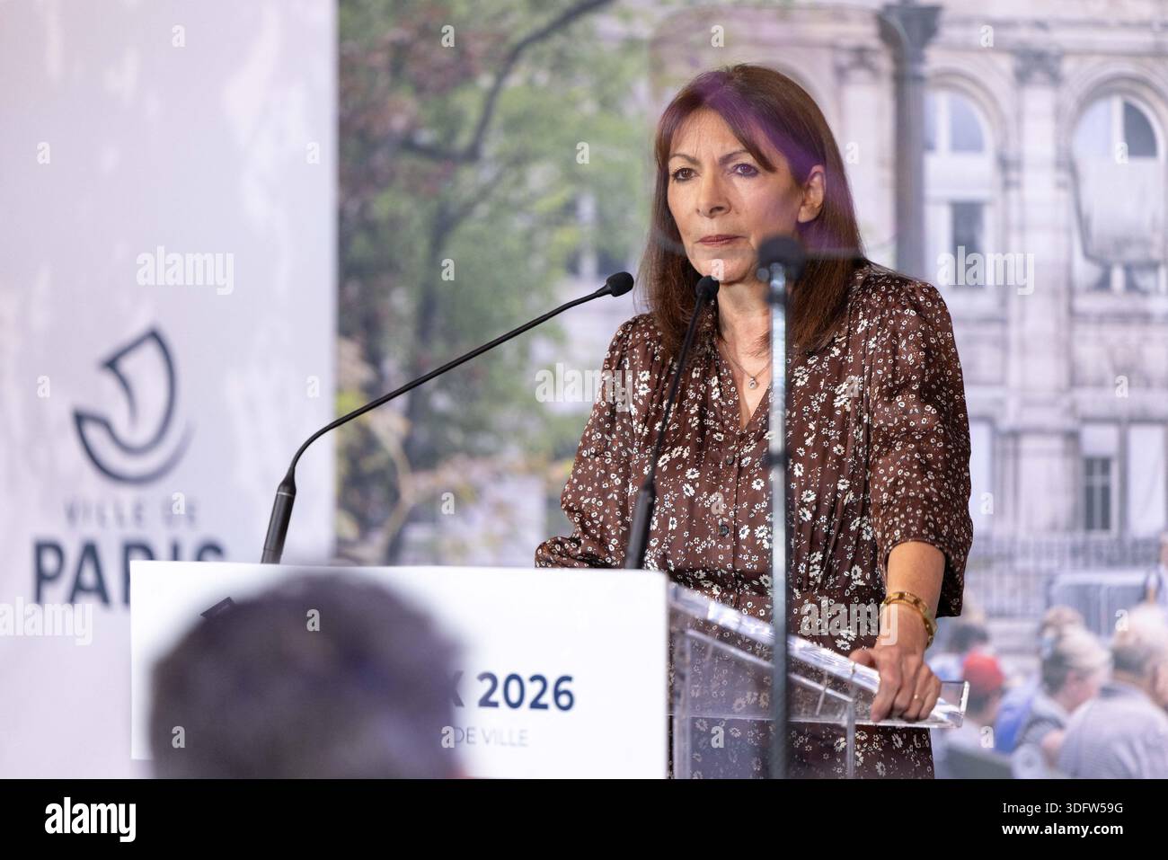 Paris' Mayor Anne Hidalgo gestures as she delivers a speech for the ...
