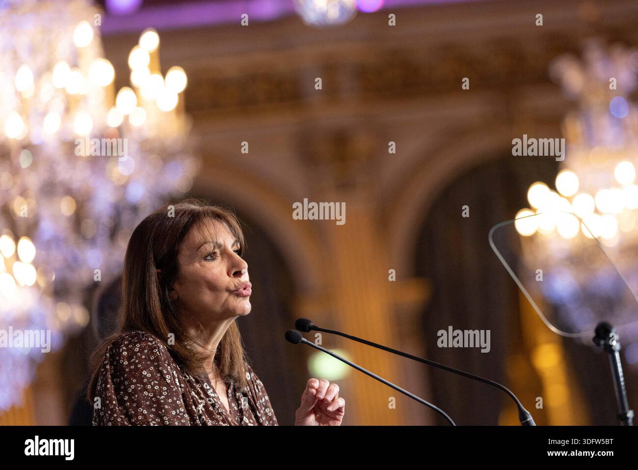 Paris' Mayor Anne Hidalgo gestures as she delivers a speech for the ...