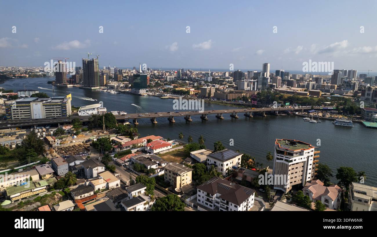 Aerial view of the Falomo Bridge stretching across the Lagos Lagoon ...