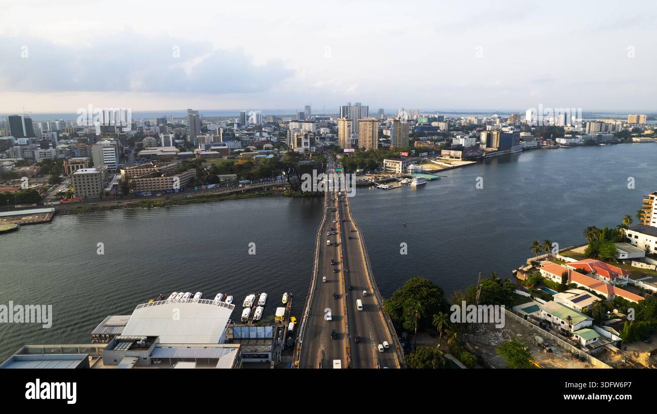 Aerial view of the Falomo Bridge stretching across the Lagos Lagoon ...