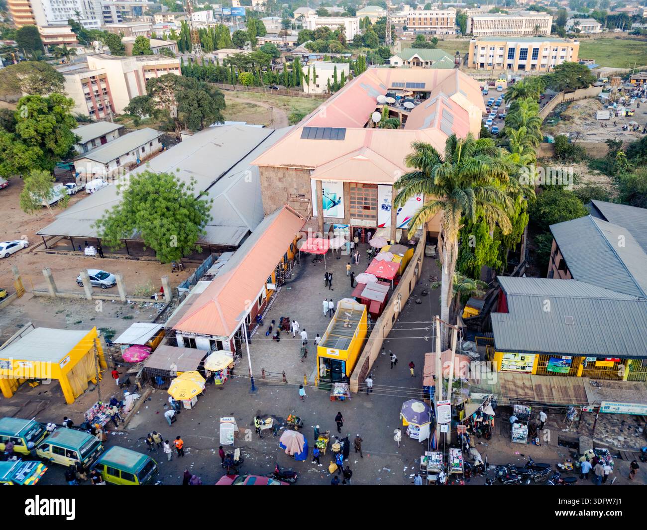 Aerial view of the bustling Lagos Street market with its vibrant yellow ...