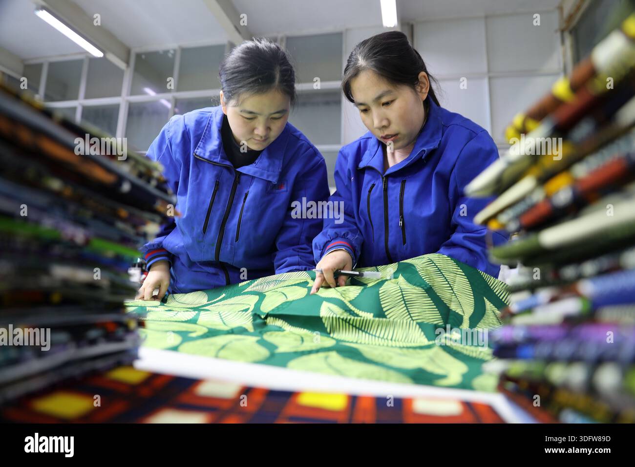 Two women inspect the print quality in a textile factory producing ...