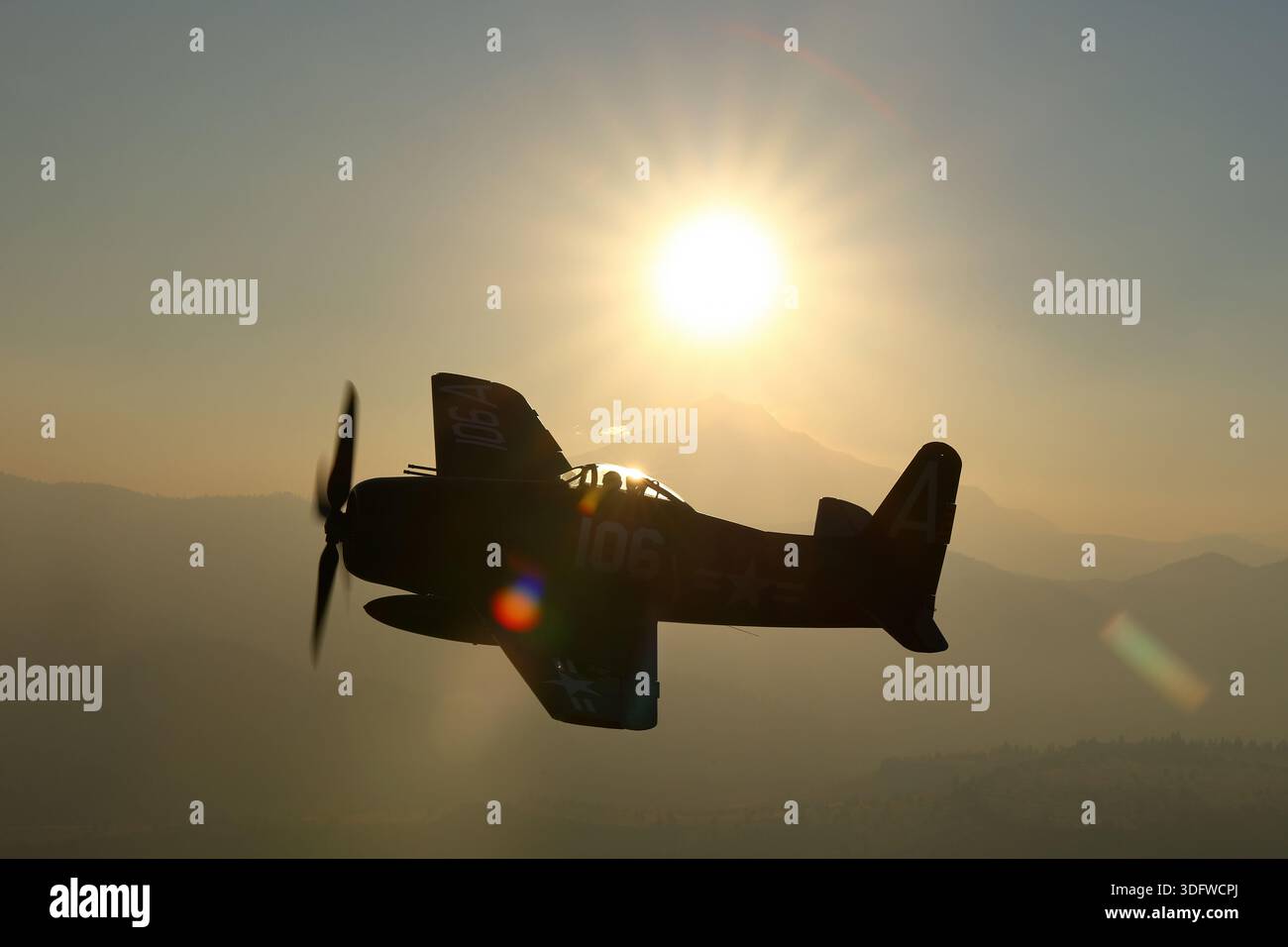 The image shows a Grumman F8F Bearcat warbird in flight, photographed ...
