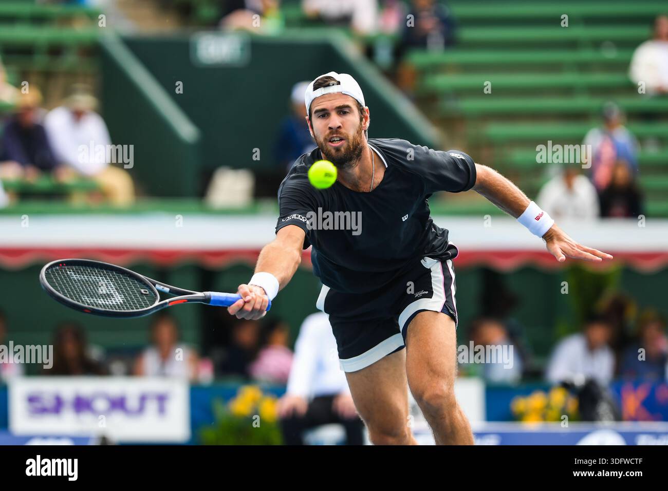 Karen Khachanov (RUS) is seen in action during the tennis match with ...