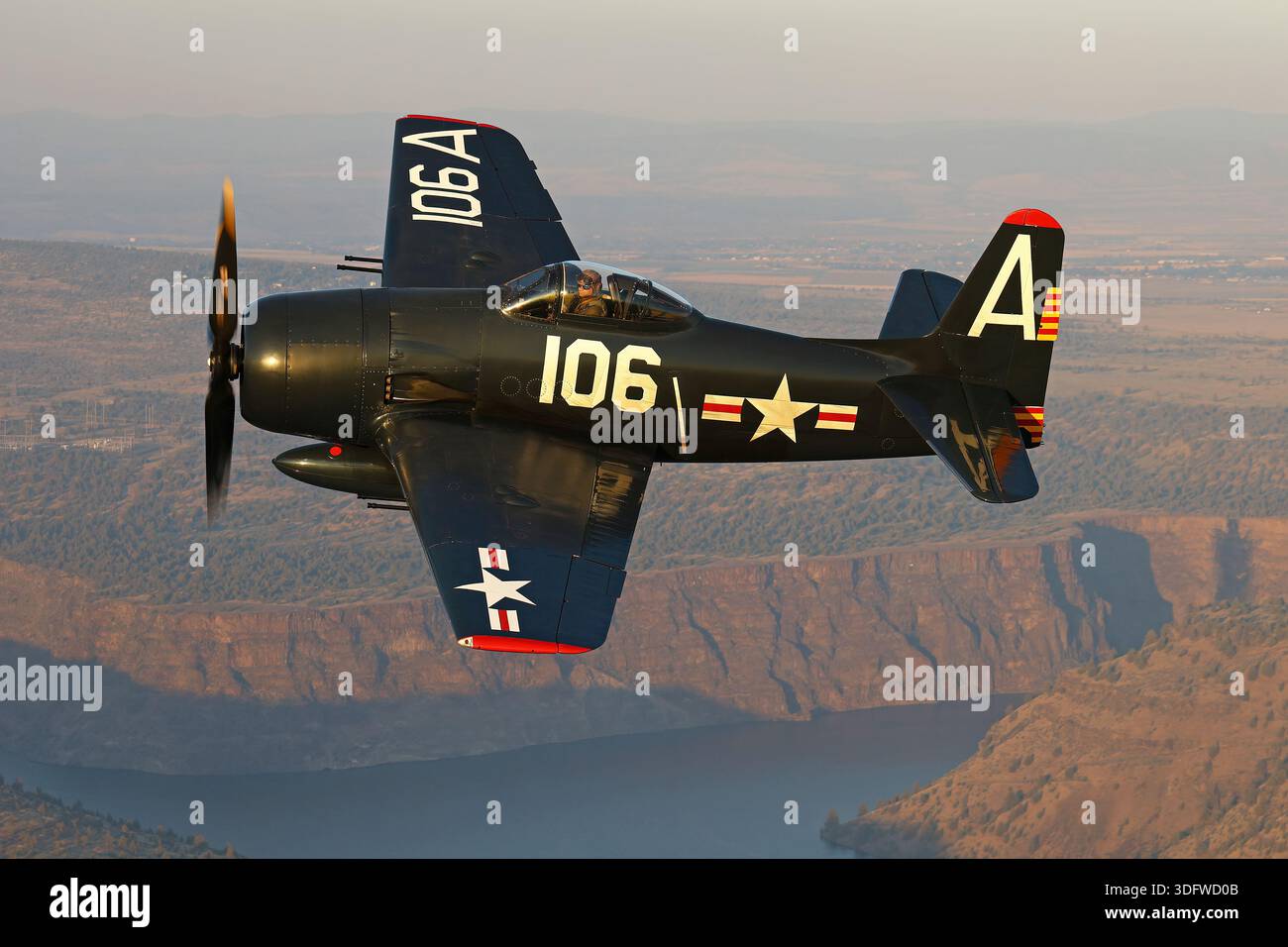 The image shows a Grumman F8F Bearcat warbird in flight, photographed ...