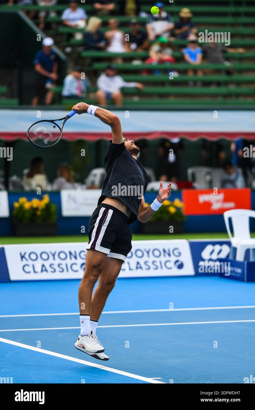 Karen Khachanov (RUS) is seen in action during the tennis match with ...