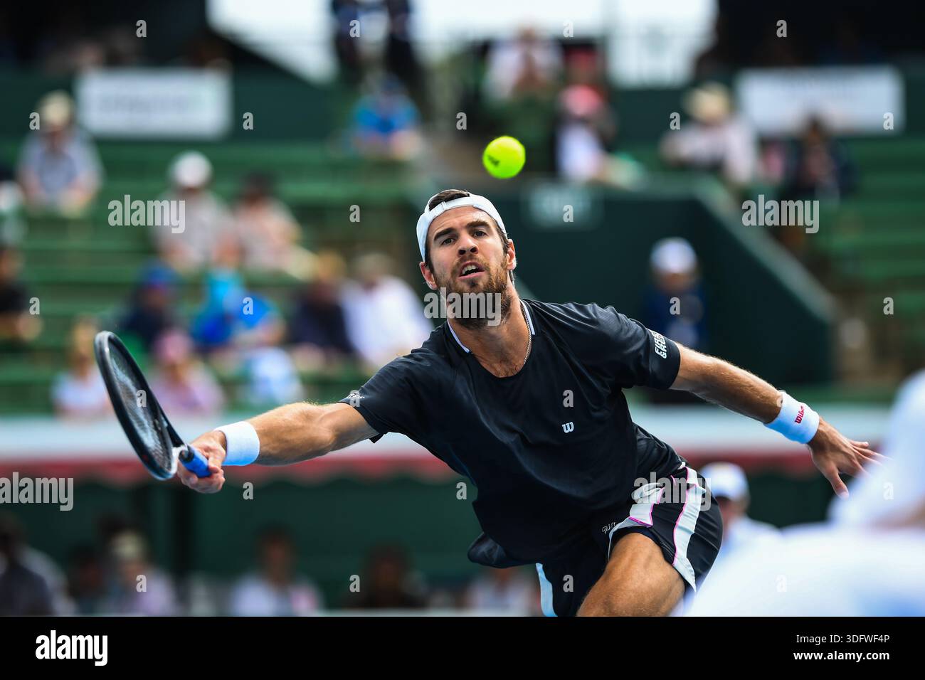 Karen Khachanov (RUS) is seen in action during the tennis match with ...