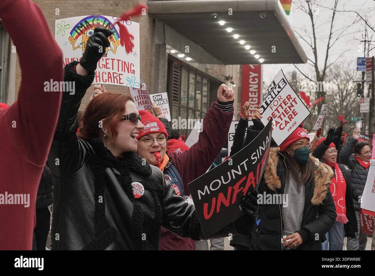 Striking nurses demonstrate outside Mt. Sinai Morningside Hospital, in ...