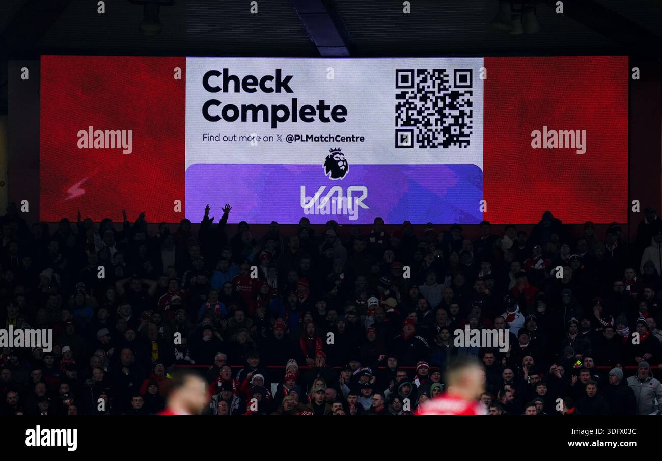 File photo dated 19-01-2025 of a VAR check notice on a big screen ...