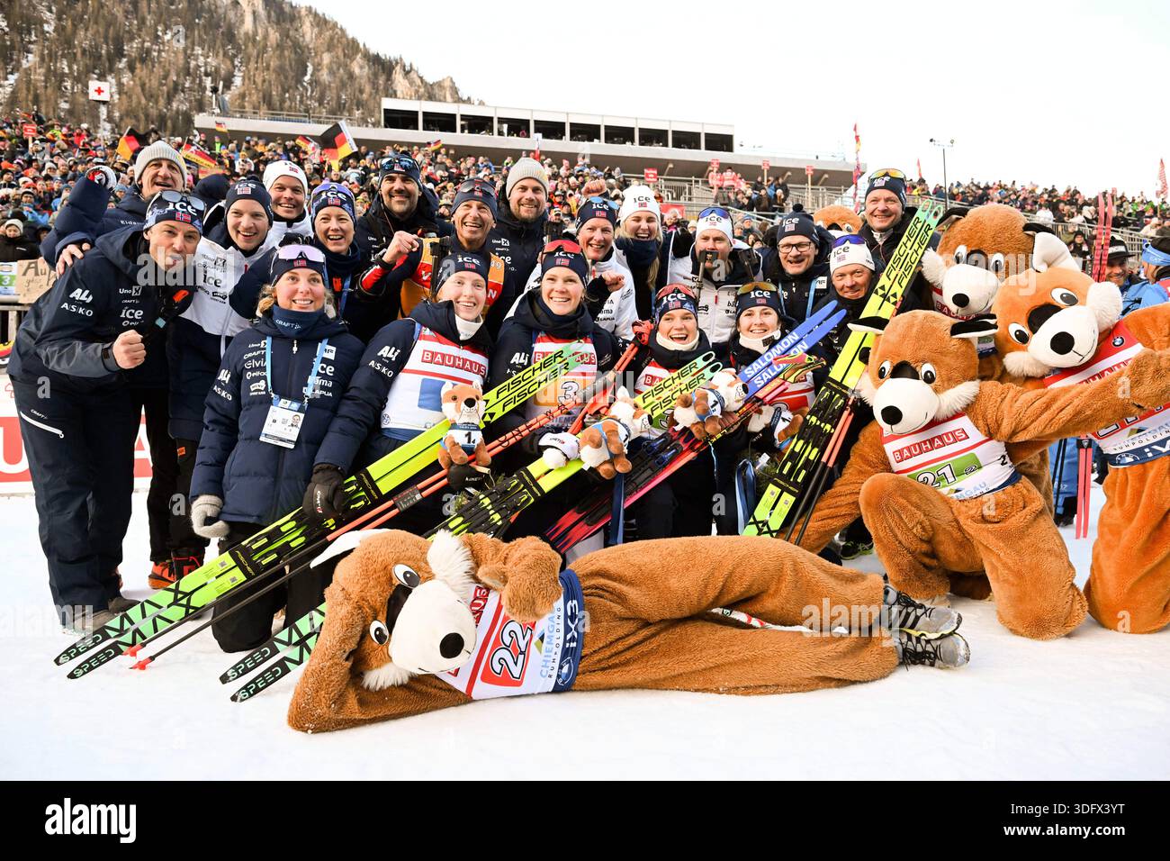 Norway team celebrates winning the Biathlon women's World Cup, relay 4 ...