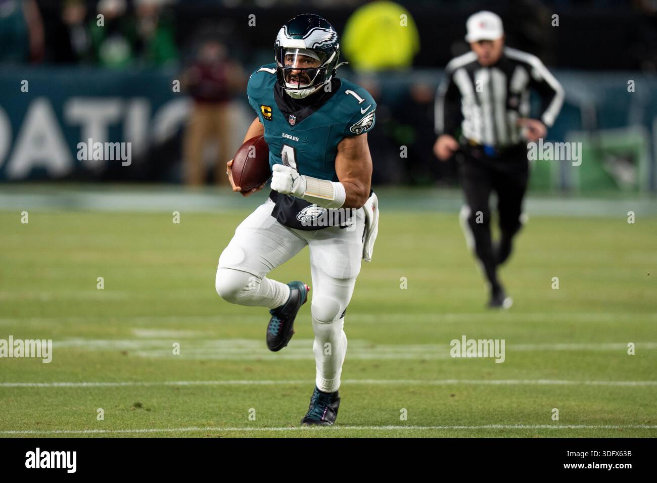 Philadelphia Eagles quarterback Jalen Hurts in action during an NFL ...