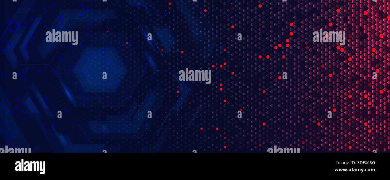 Futuristic technology hexagon background, blue red glowing data grid ...