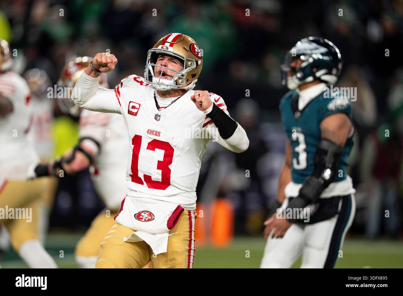 San Francisco 49ers quarterback Brock Purdy reacts to the touchdown ...