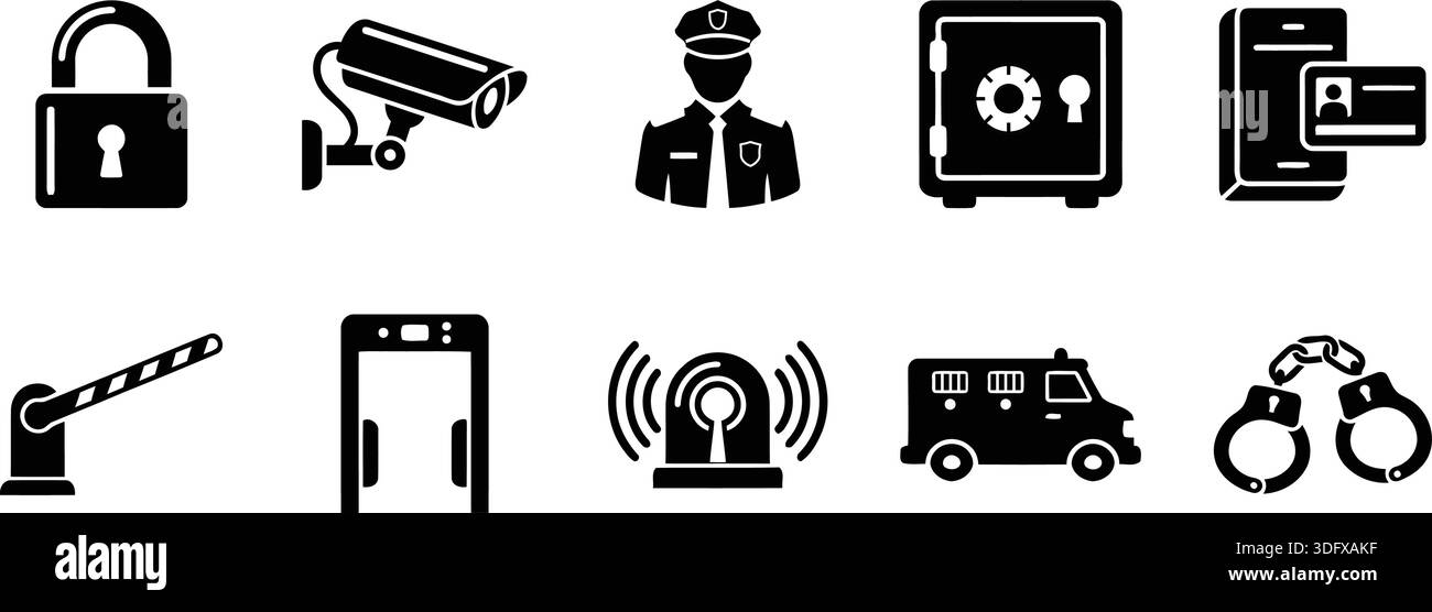 Collection of black silhouette vector icons representing safety, crime ...