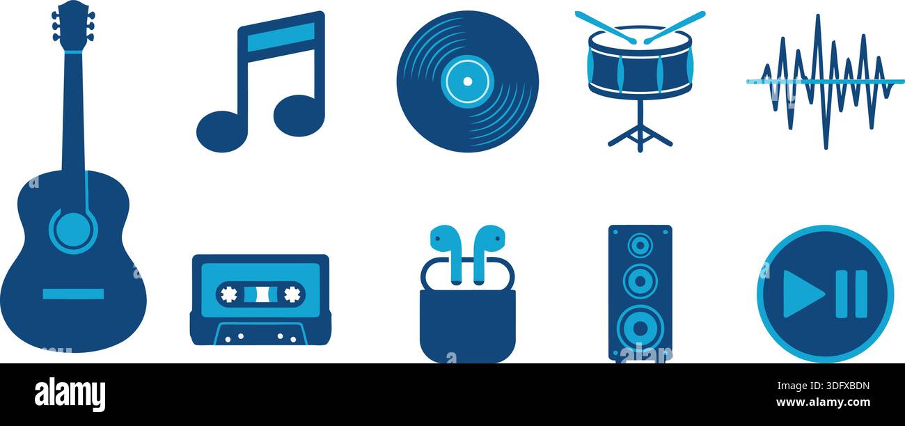 A collection of blue vector illustrations of music symbols including ...